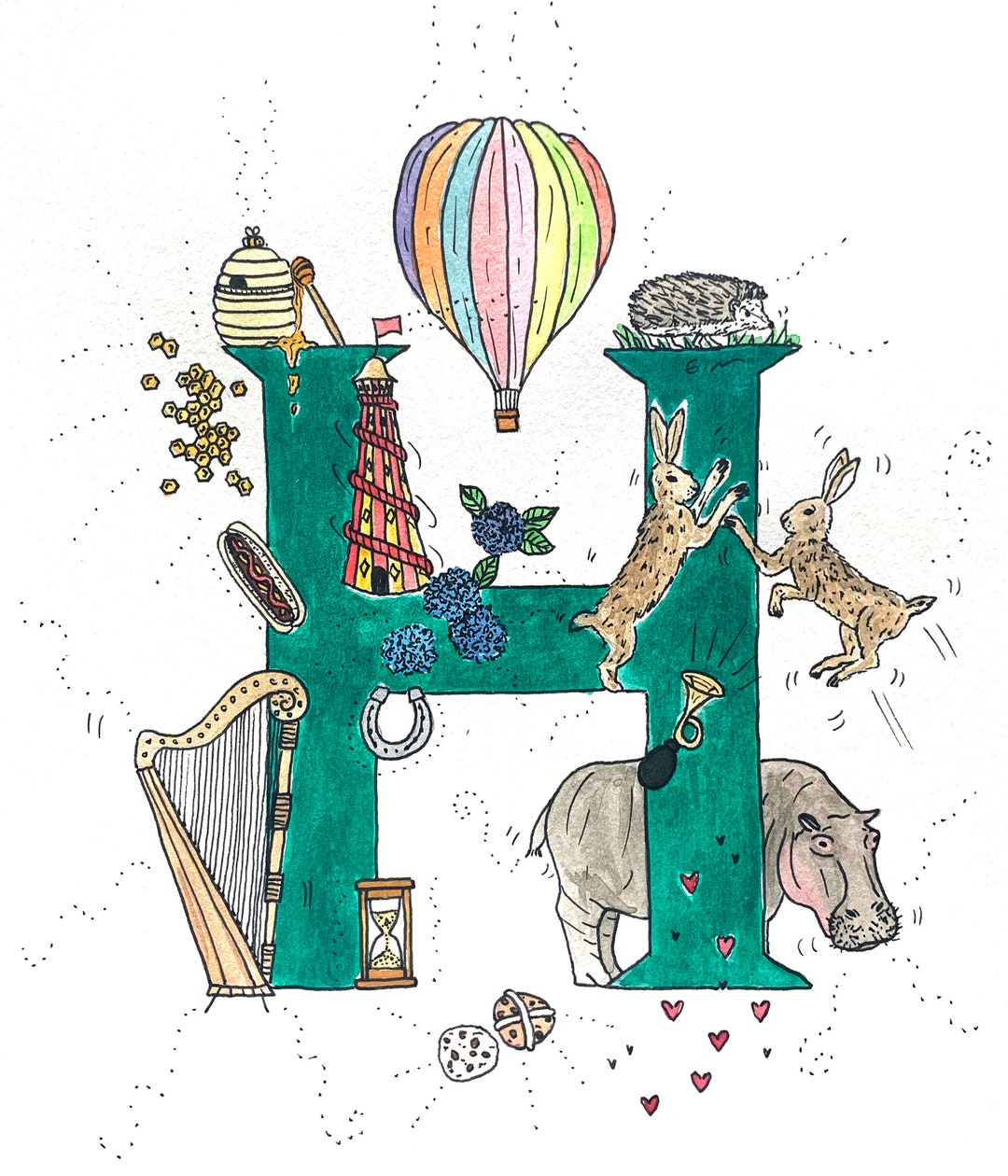 Illustrated Watercolour Alphabet Print - Letter H - Etsy