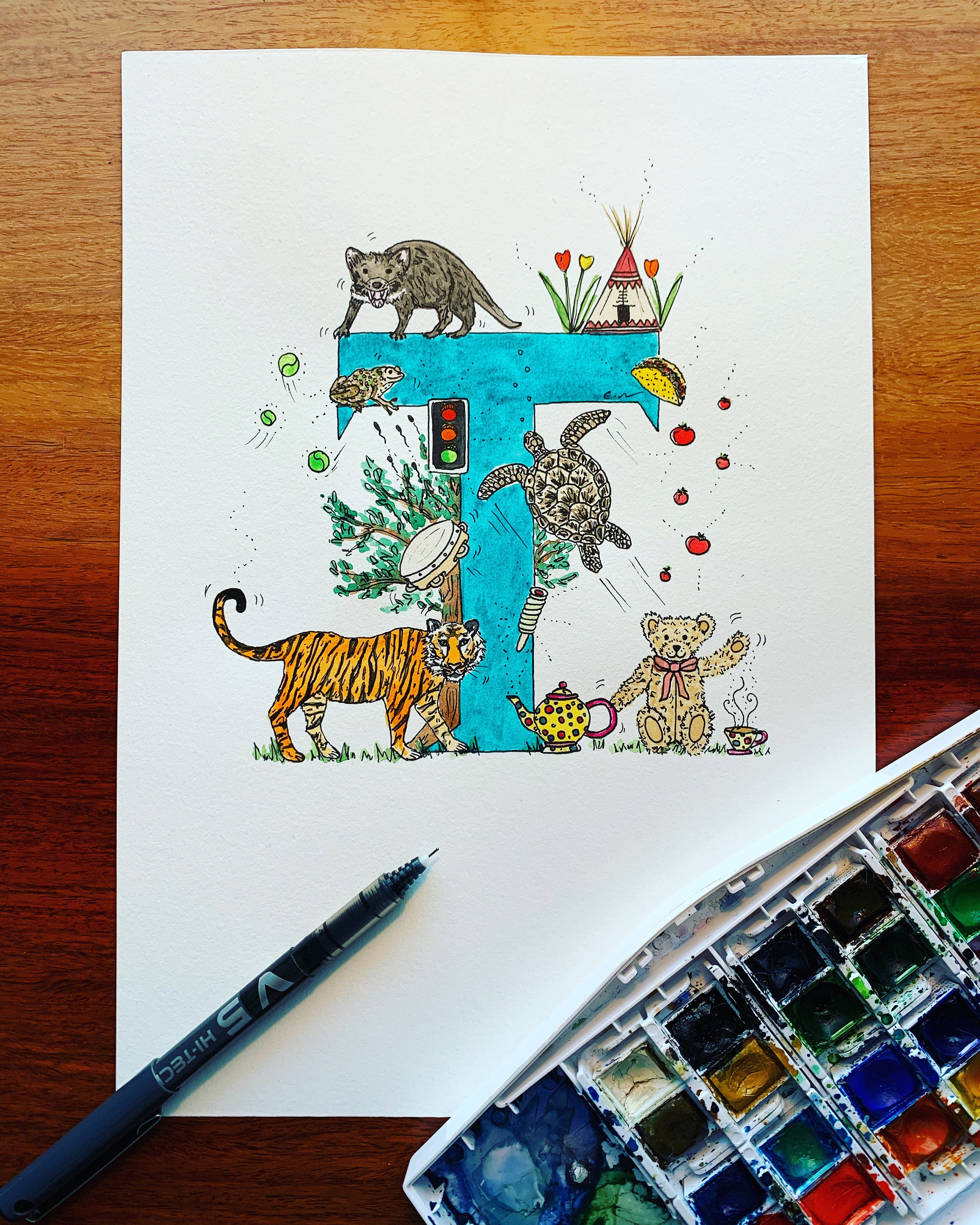 Illustrated Watercolour Alphabet Print - Letter T - Etsy
