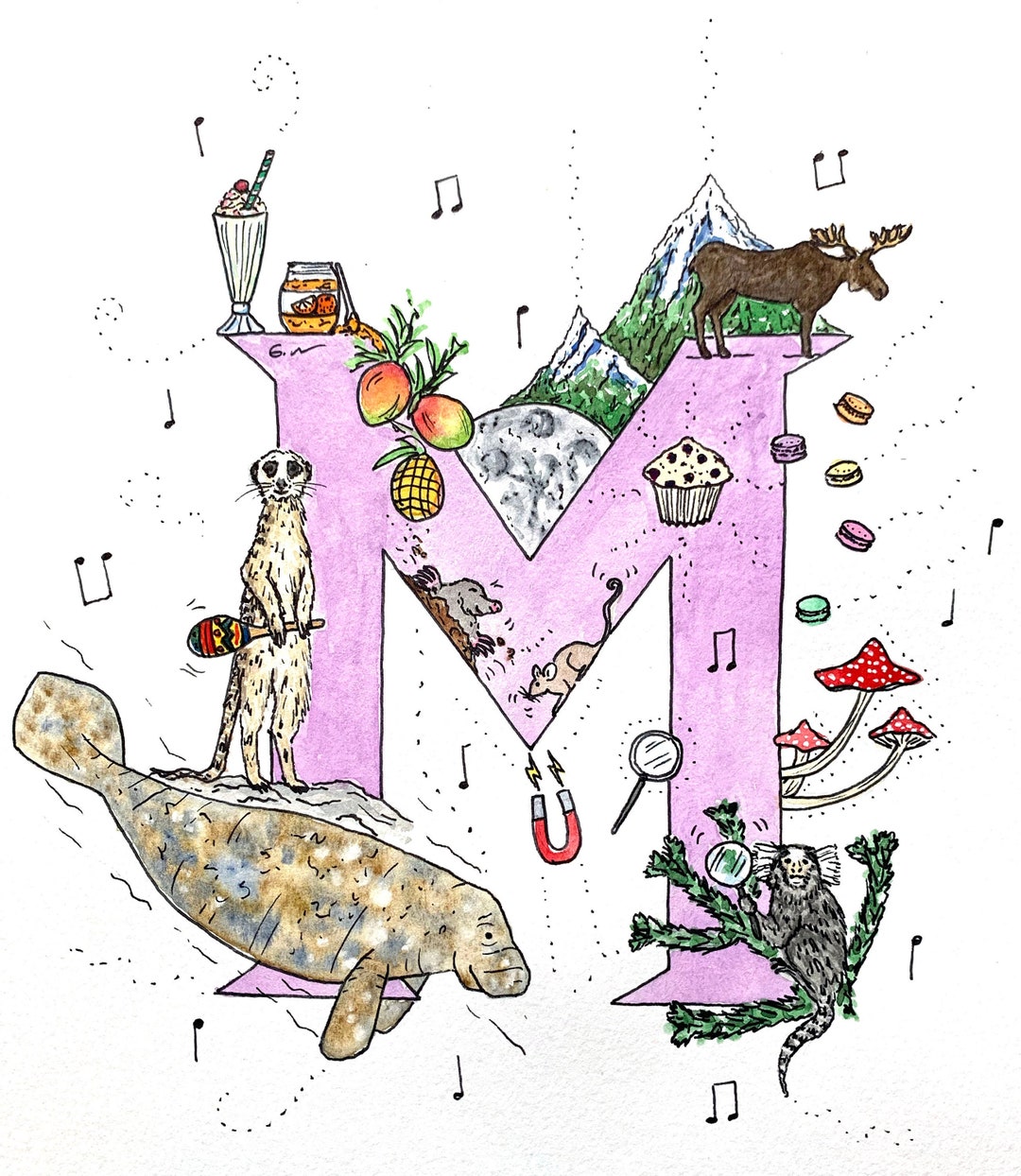 Illustrated Watercolour Alphabet Print - Letter M - Etsy