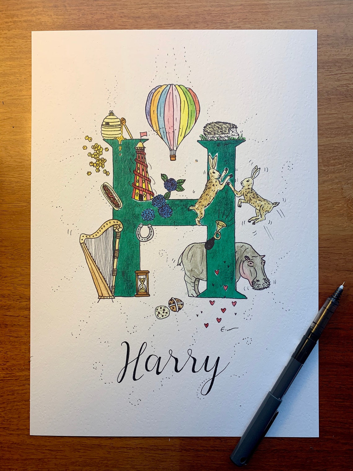 Illustrated Watercolour Alphabet Print Letter H | Etsy