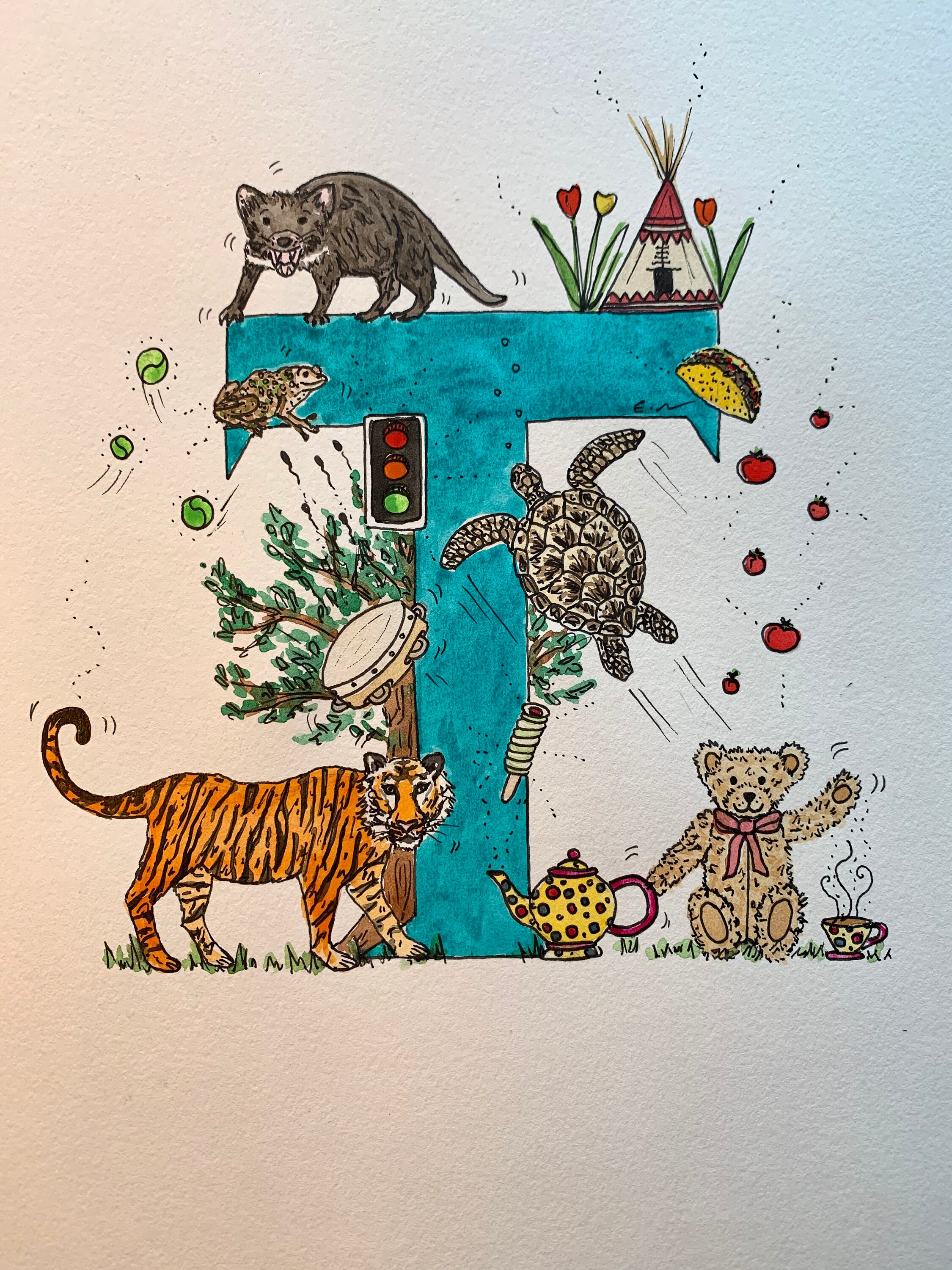 Illustrated Watercolour Alphabet Print - Letter T - Etsy