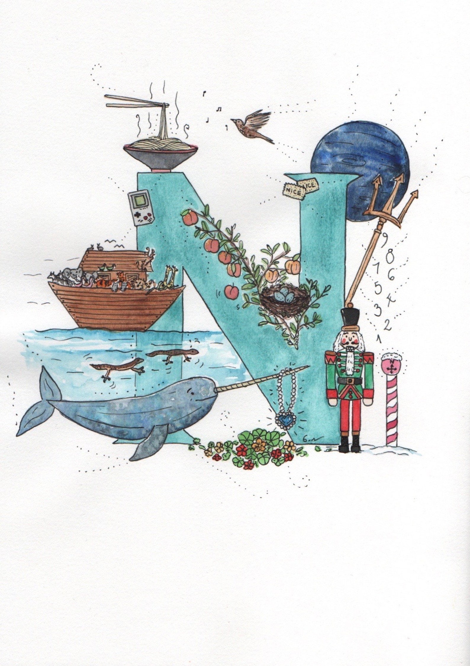 Illustrated Watercolour Alphabet Print Letter N | Etsy