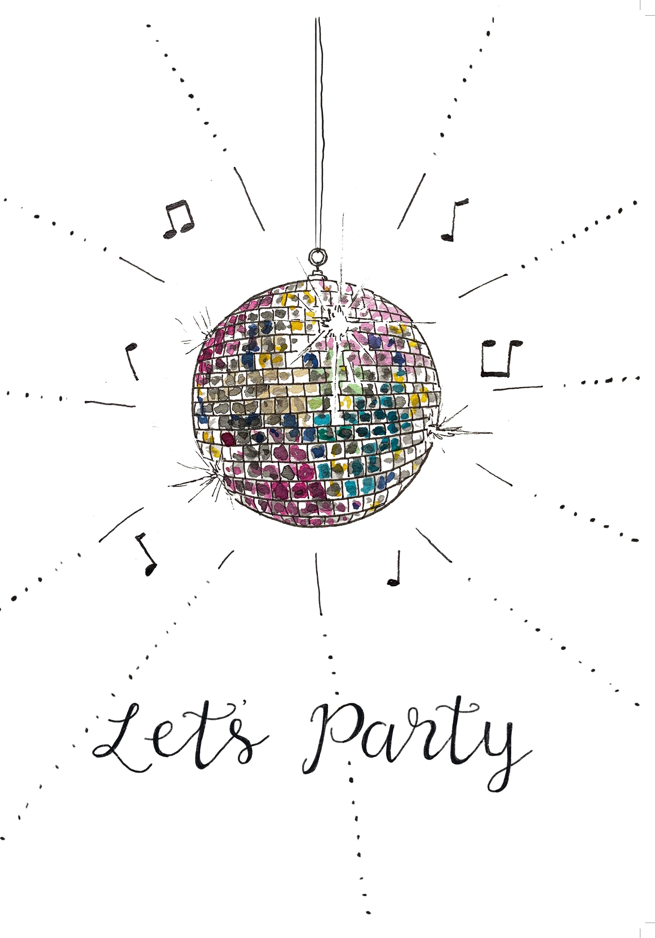 Celebration ‘let’s Party’ Disco Ball Greetings Card - Watercolour ...