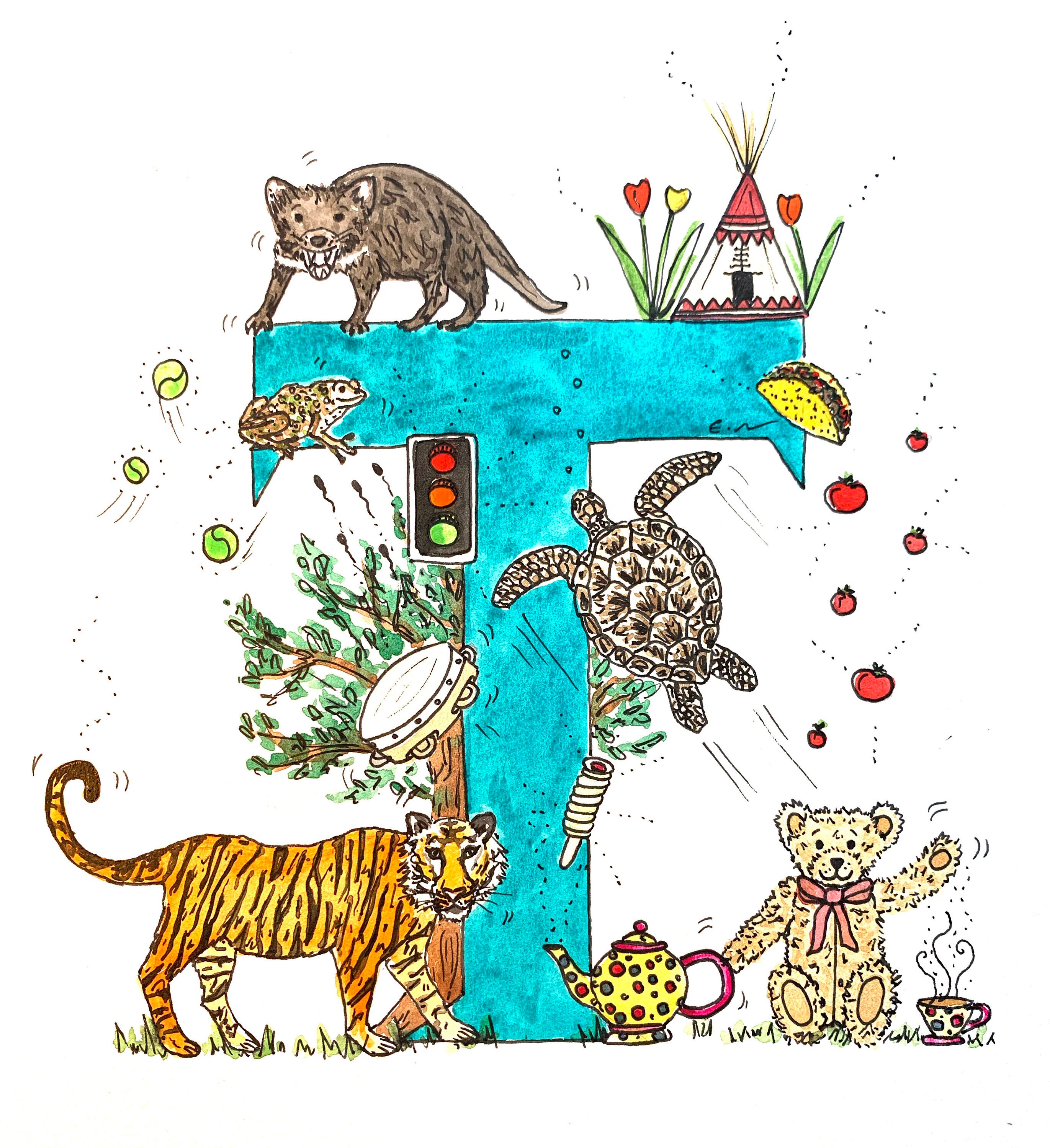Illustrated Watercolour Alphabet Print - Letter T - Etsy
