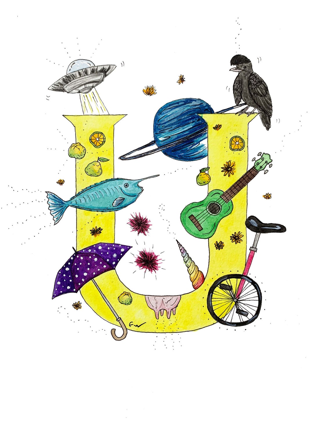 Illustrated Watercolour Alphabet Print - Letter U - Etsy