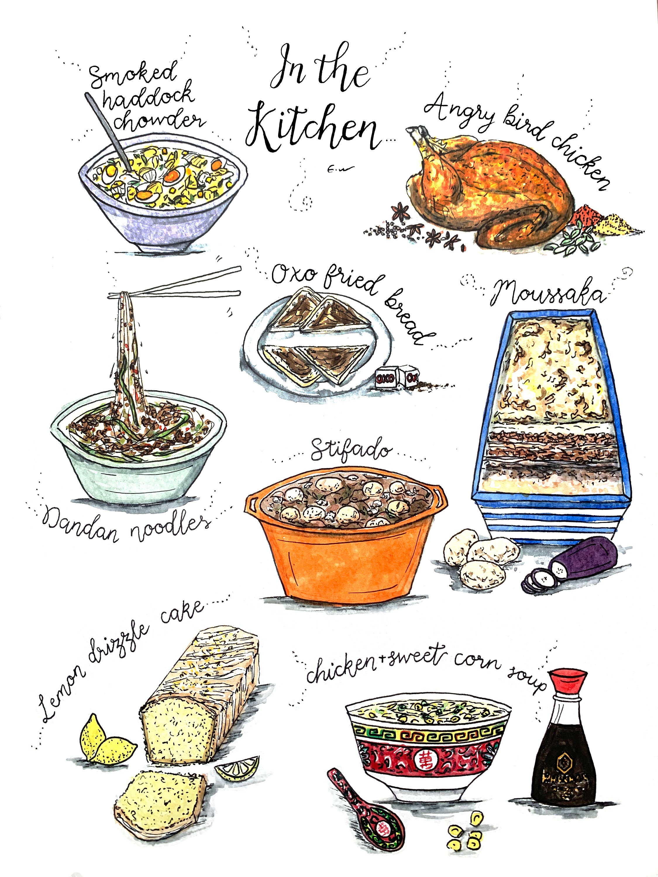 In the Kitchen... Watercolour 'favourite Foods' - Etsy Australia