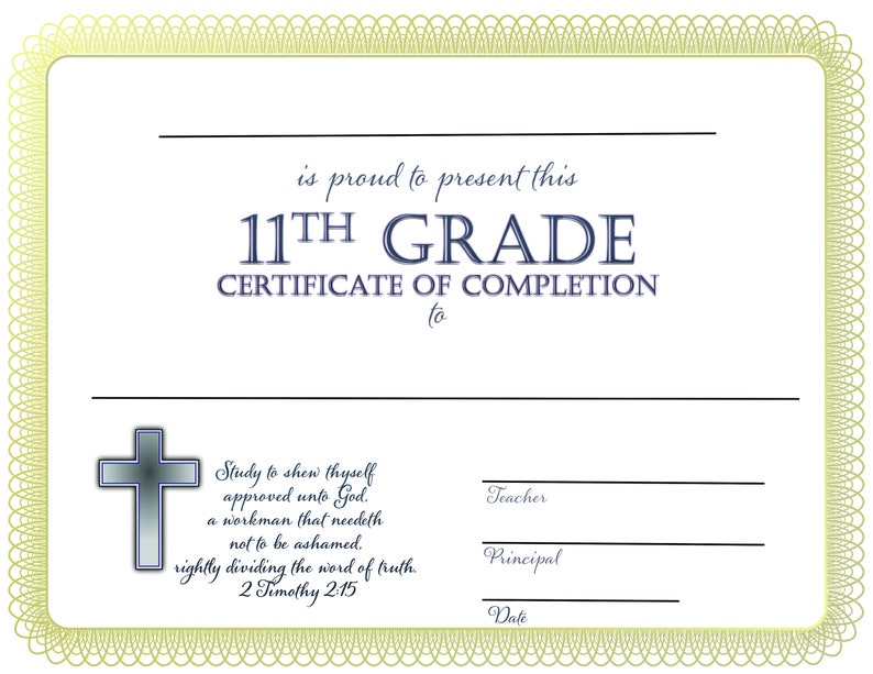 Christian 11th Grade Completion Graduation Certificate PDF Printable ...