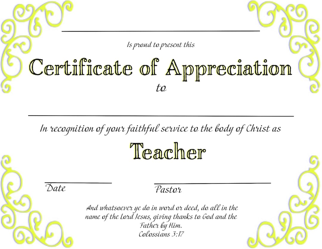 Christian Certificate of Appreciation- Teacher Downloadable Printable ...