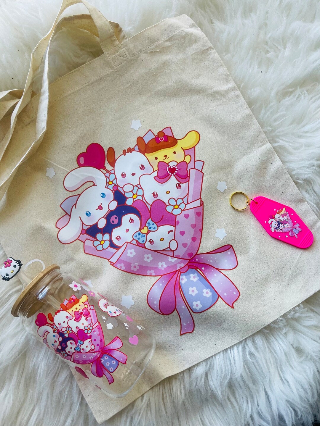 16oz Glass Can Reusable Can Cup Bundle Package Kitty Tote Bag Kitty ...