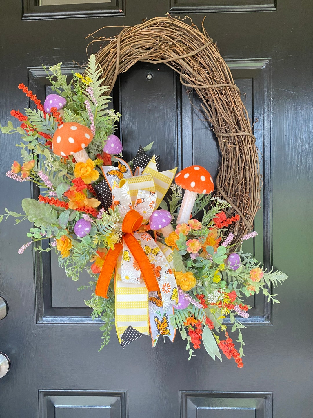 Spring Mushroom Garden Front Door Wreath, Fairy Garden Decor, Mushroom ...