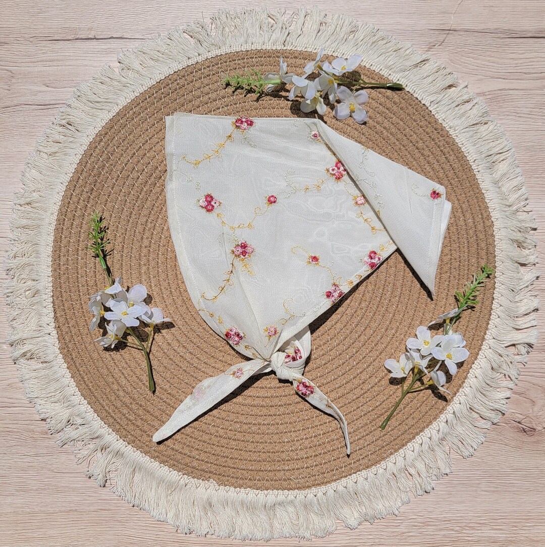 Embroidered Lace Bandana - Kerchief, Headcovering, Fully Lined, Floral ...