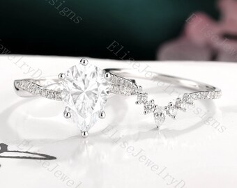 Pear Moissanite Engagement Ring Set Halo Diamond Moissanite Ring ...