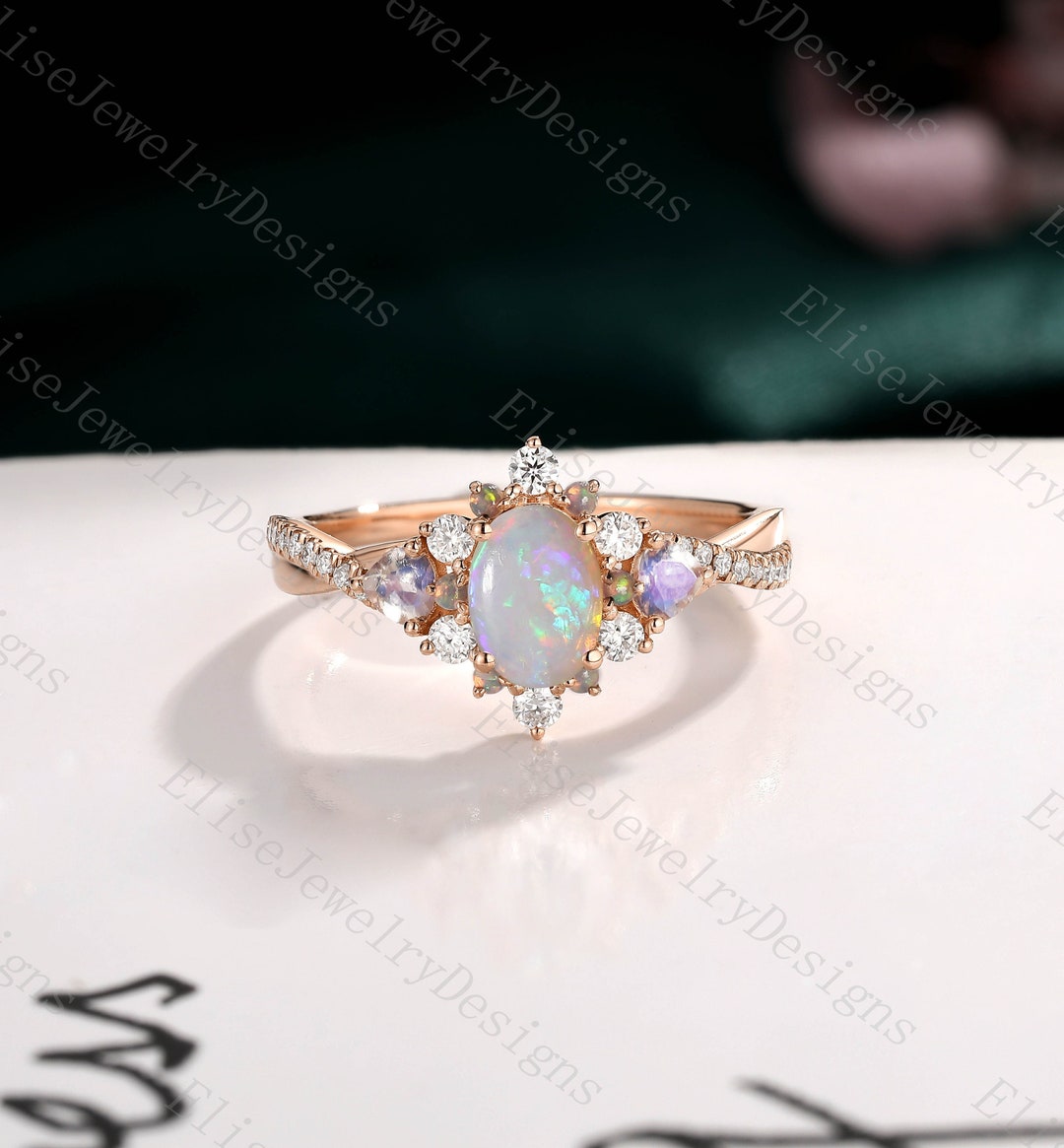 Vintage Opal Engagement Ring | Halo Opal Ring | Delicate Moonstone Ring | Tiny Opal Ring | Twist ...