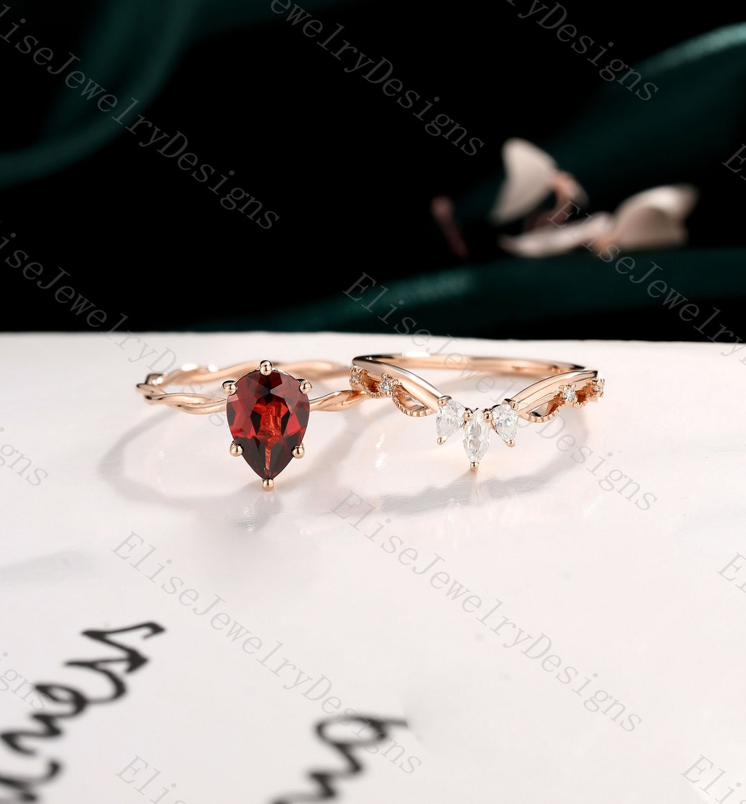 Pear Shaped Garnet Engagement Ring Set Solitaire Garnet Ring - Etsy