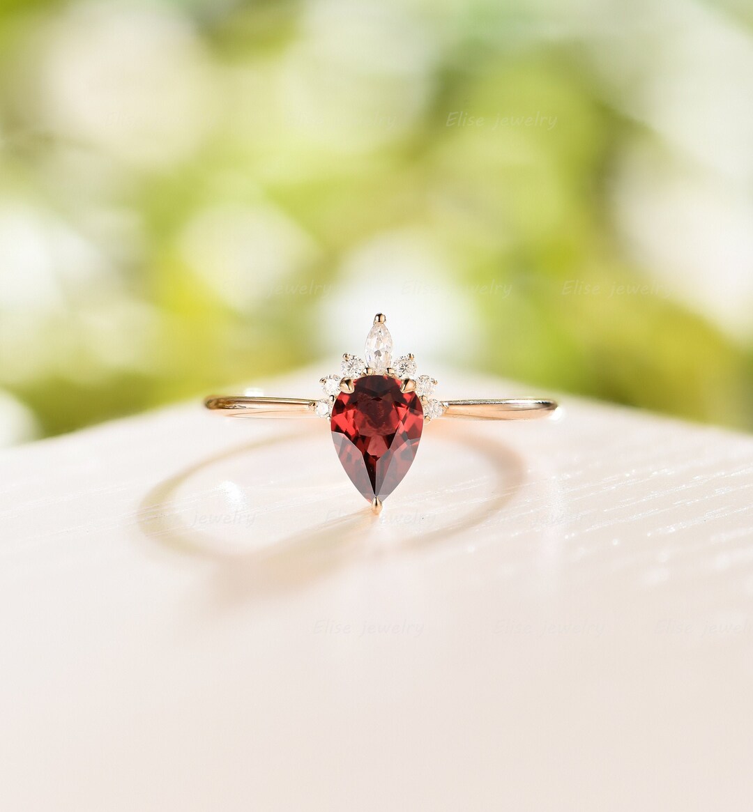 Vintage Pear Garnet Engagement Ring Unique Rose Gold Garnet Engagement ...