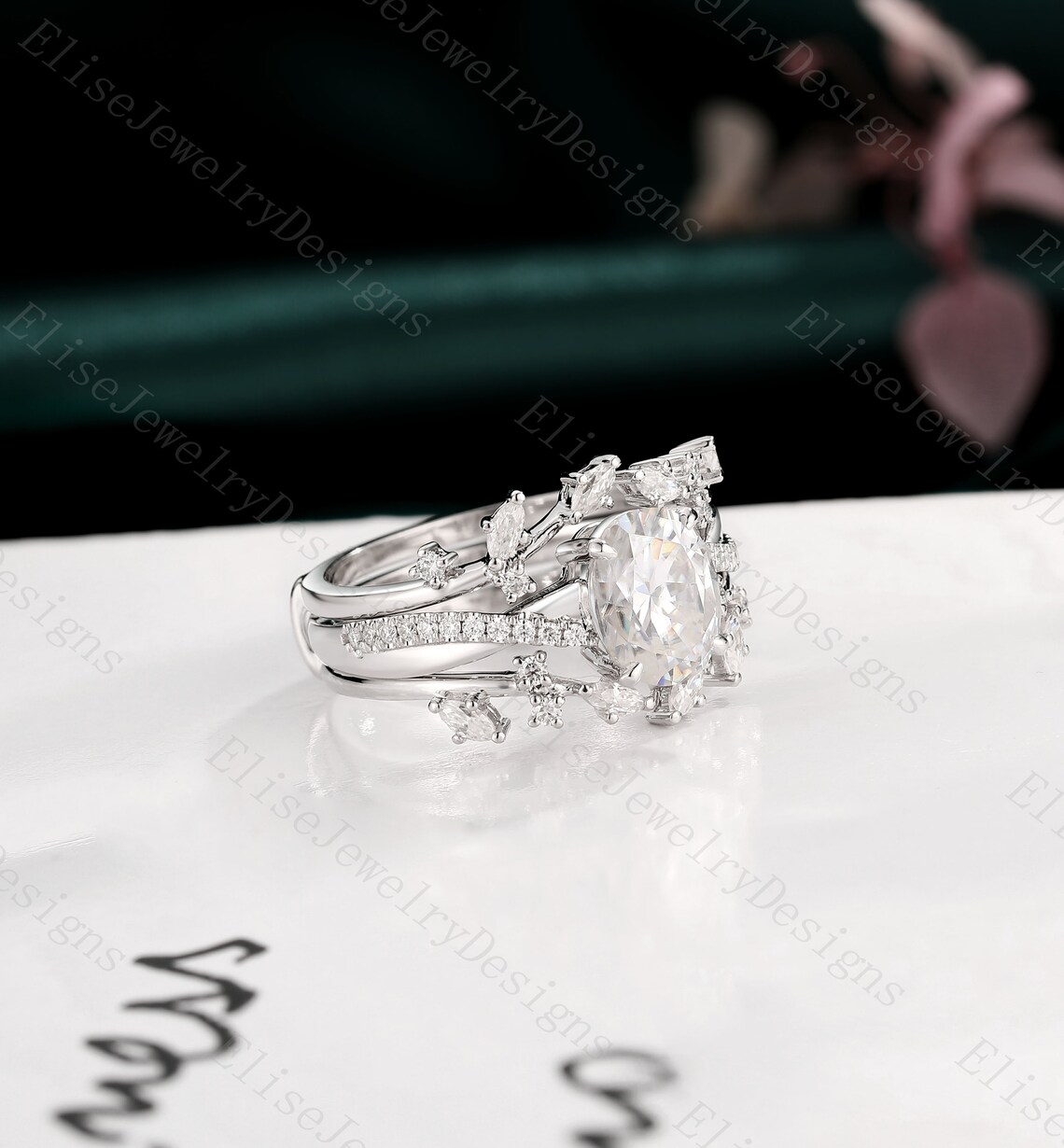 Moissanite Engagement Ring Set Moissanite Leaf Ring - Etsy