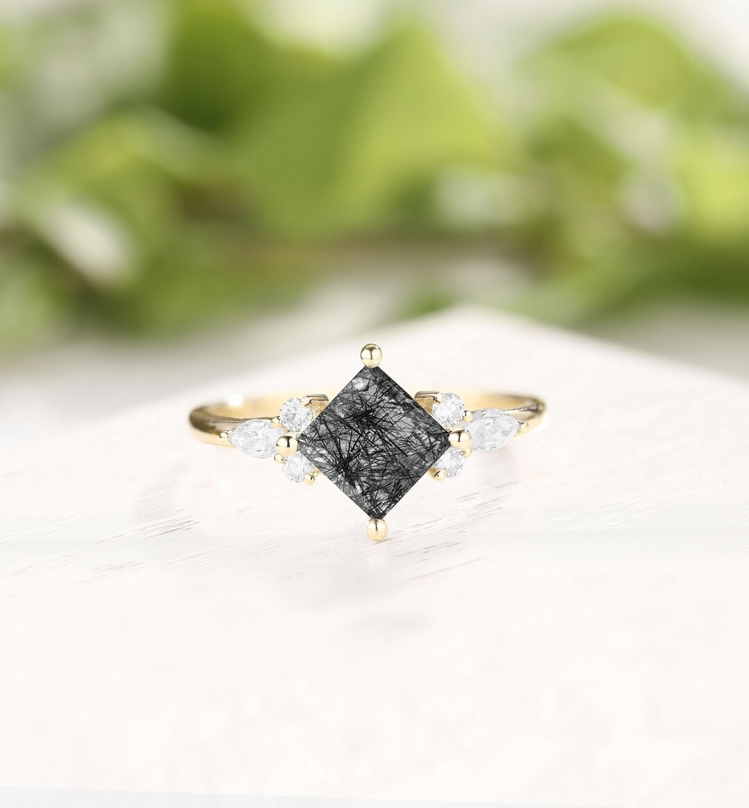 Black Rutilated Quartz Engagement Ring Rutilated Quartz Wedding Ring ...