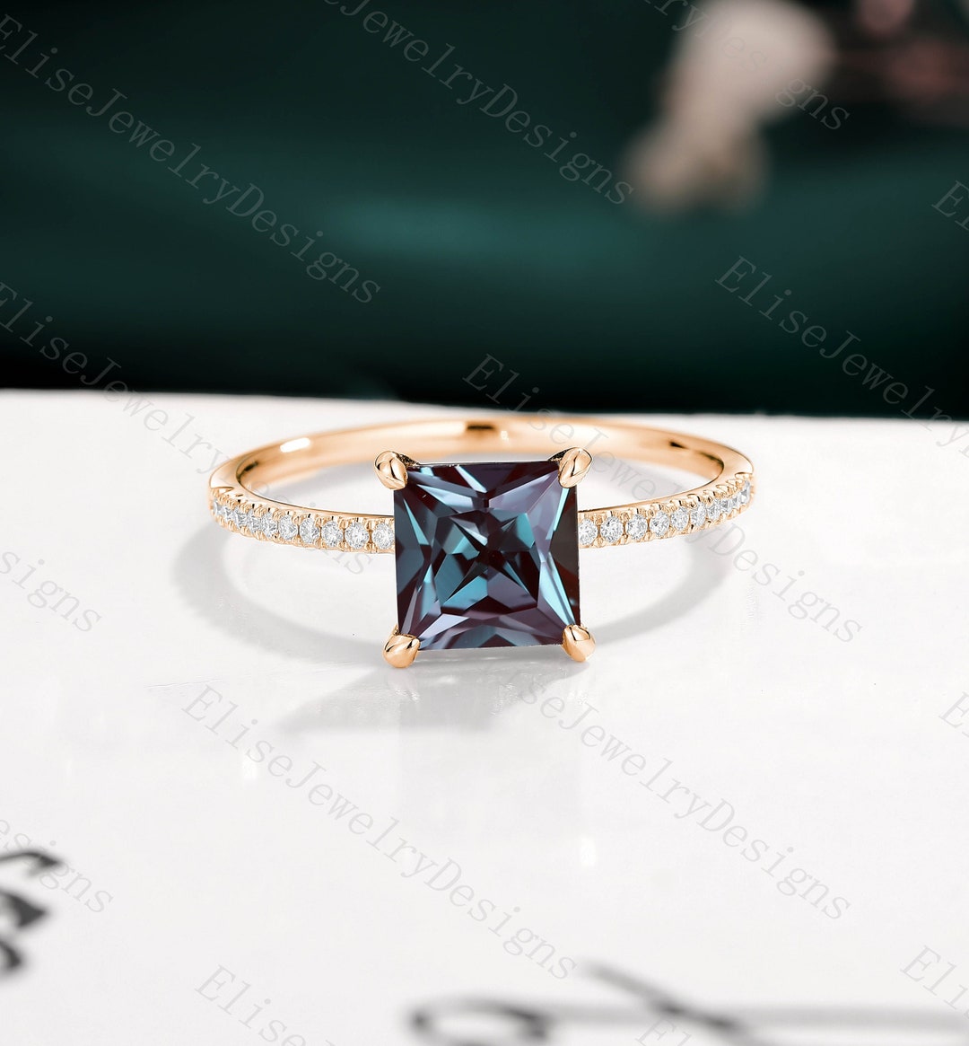 Princess Cut Alexandrite Engagement Ring | Art Deco Alexandrite Ring ...