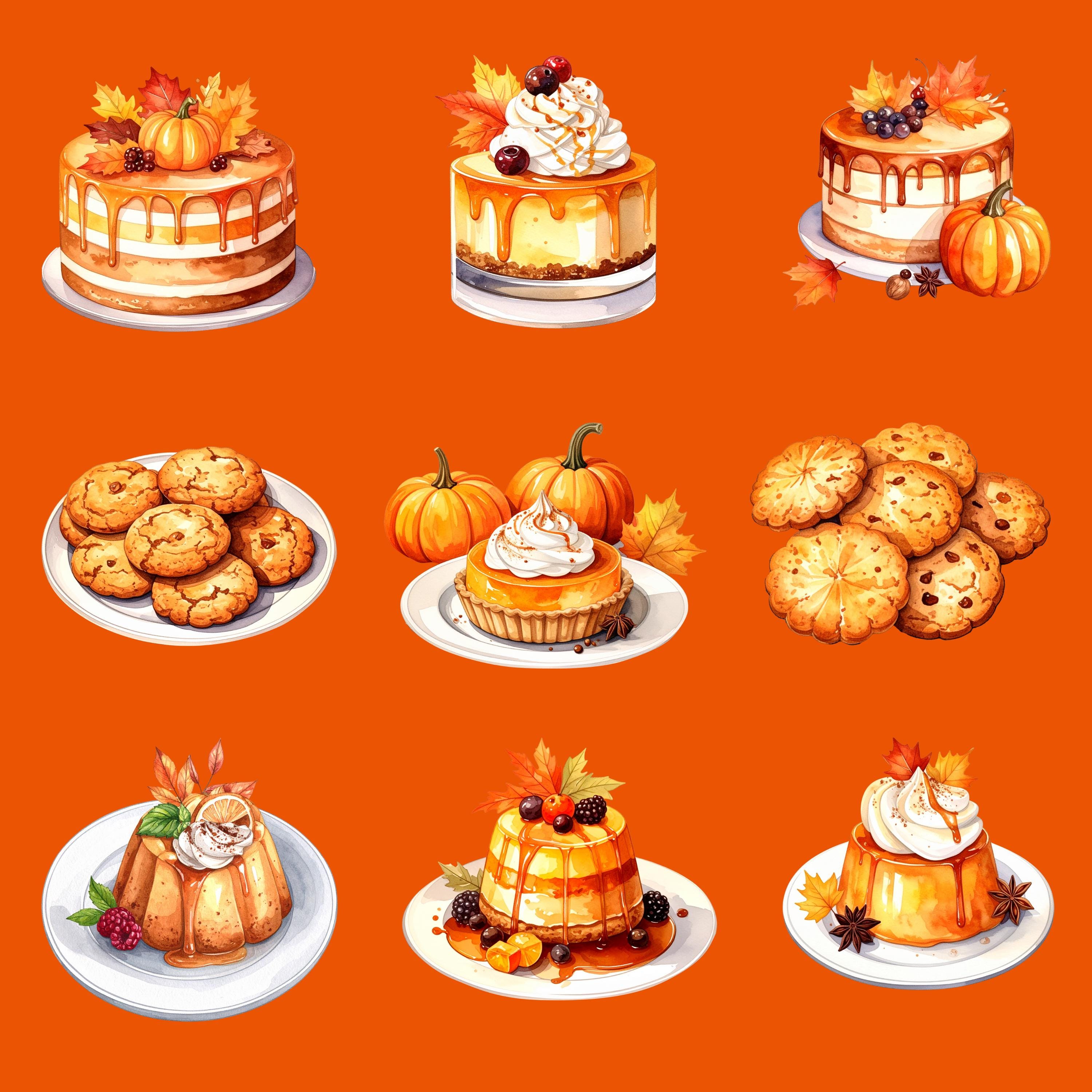 Watercolor Cozy Autumn Treats Clipart: 25 Fall Desserts & Pastries PNG ...