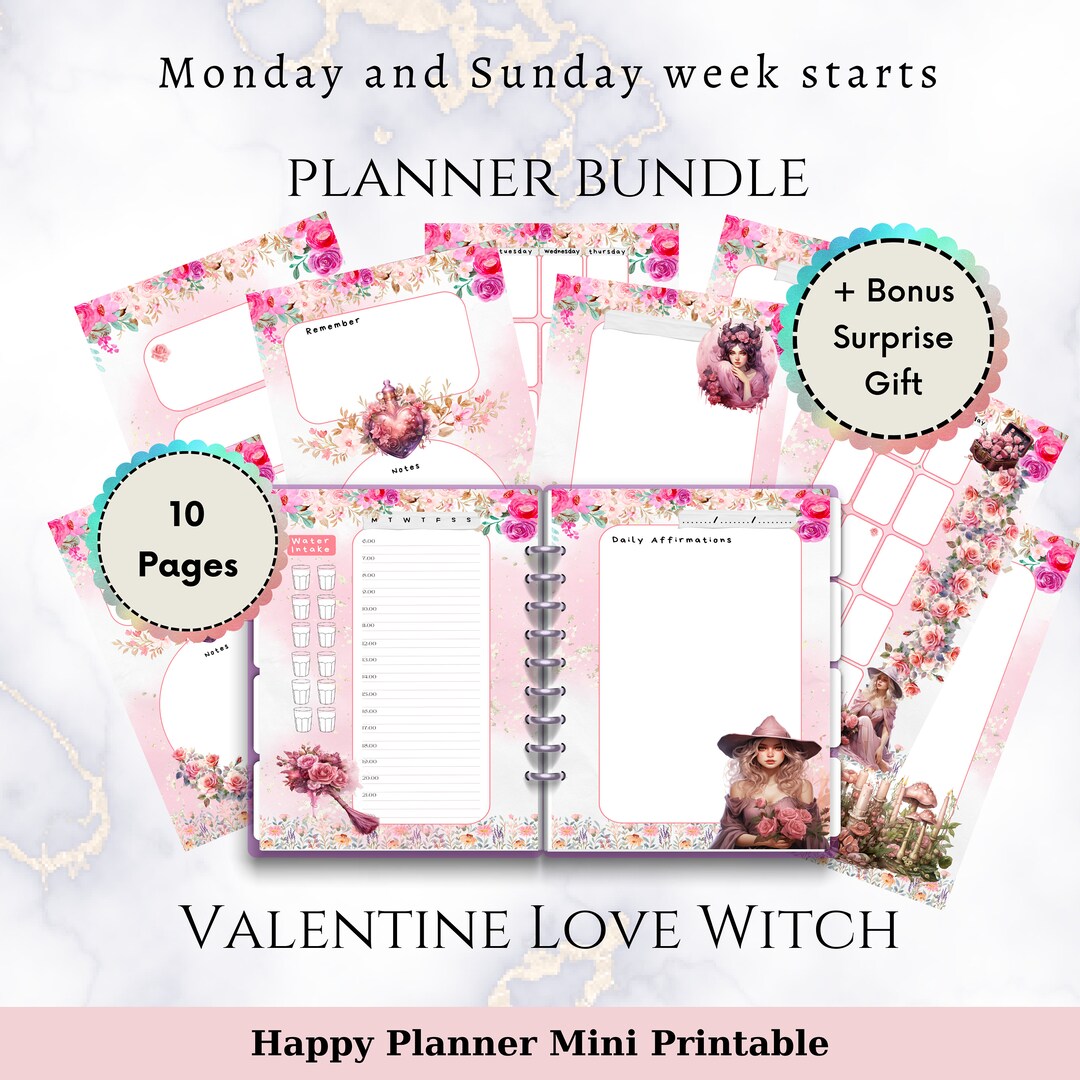 Valentine Pink Love Witch Planner Bundle Printable Monday / Sunday Week ...