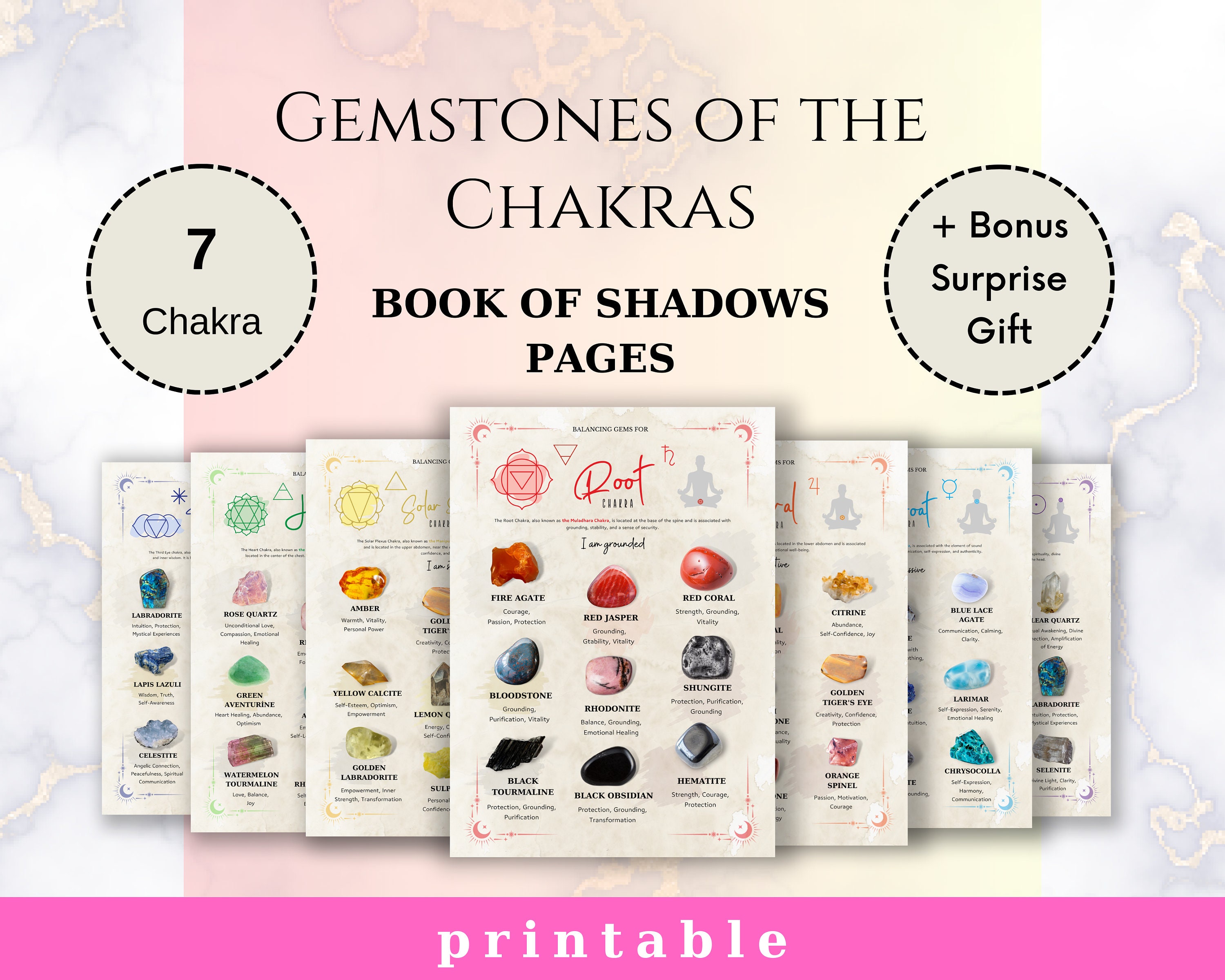 7 Chakra Gemstones Guide Sheets: Printable Book of Shadows (digital ...