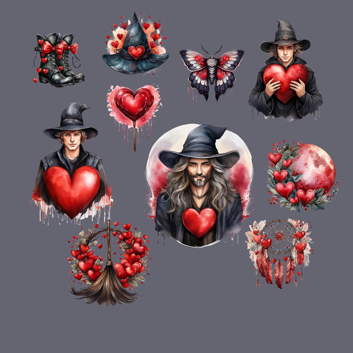 Watercolor Dark Love Witch Clipart, Valentine's Day PNG (digital ...
