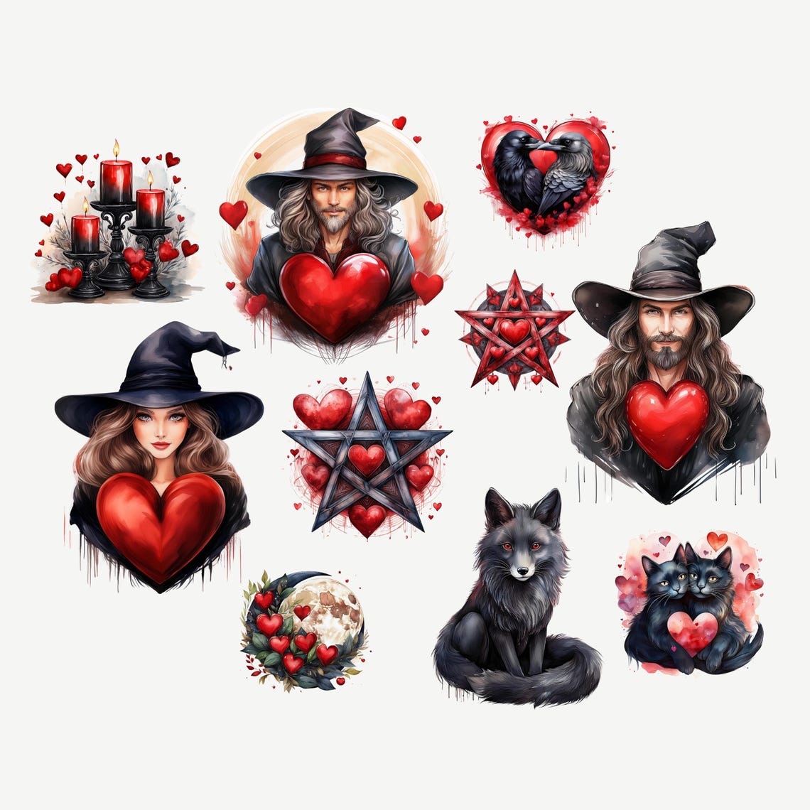 Watercolor Dark Love Witch Clipart, Valentine's Day PNG (digital ...