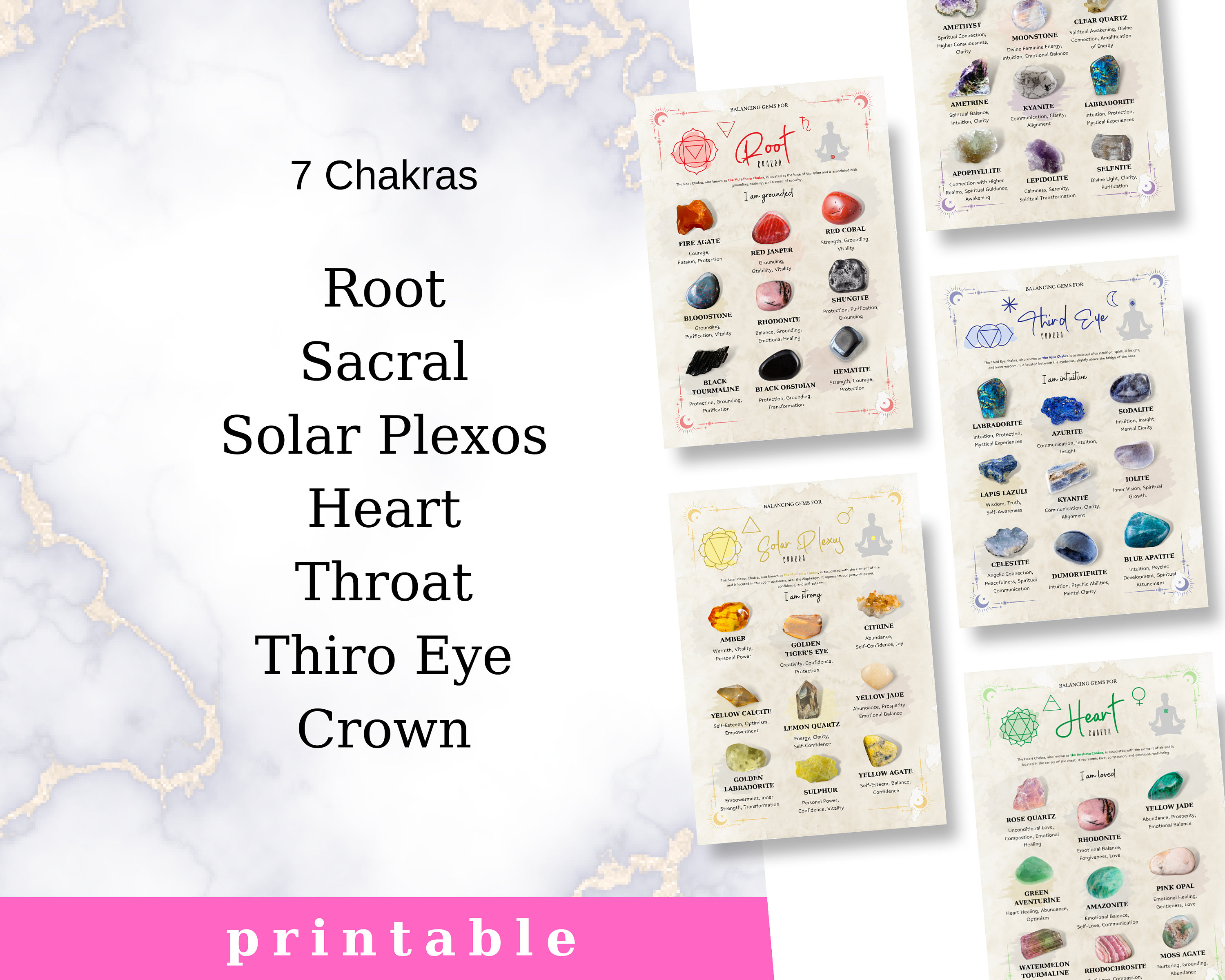 7 Chakra Gemstones Guide Sheets: Printable Book of Shadows (digital ...
