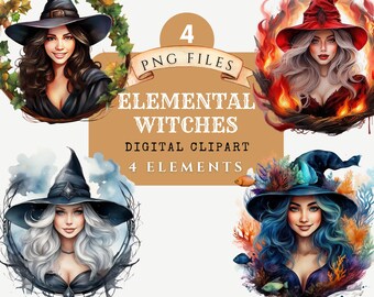 Watercolor Elemental Witch Clipart: Fantasy Wiccan PNG (digital ...