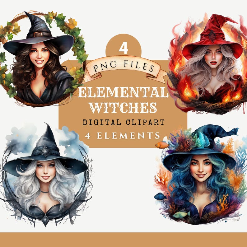 Watercolor Elemental Witch Clipart: Fantasy Wiccan PNG (digital ...