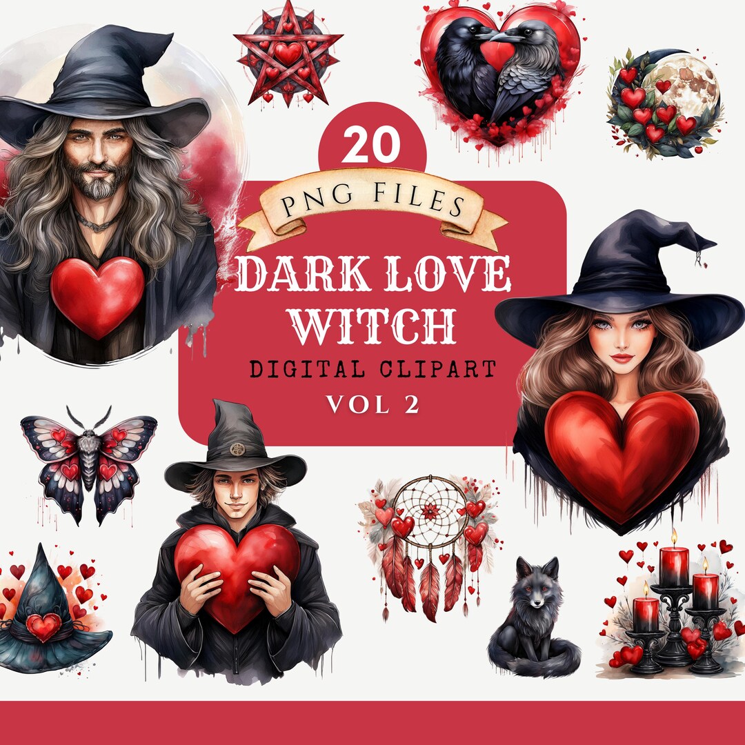 Watercolor Dark Love Witch Clipart PNG Vol. 2, Wiccan Fantasy Valentine ...