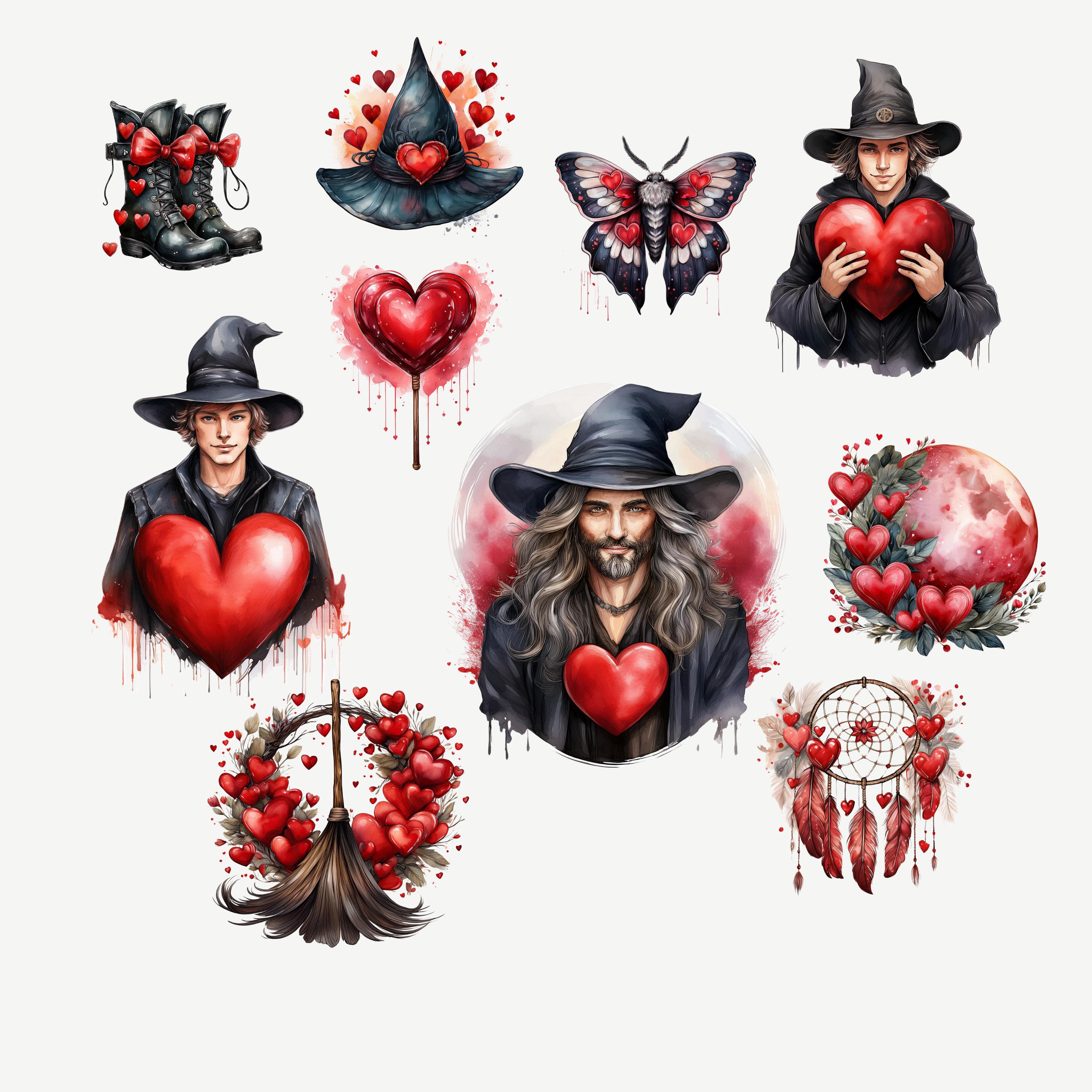 Watercolor Dark Love Witch Clipart PNG Vol. 2, Wiccan Fantasy Valentine ...