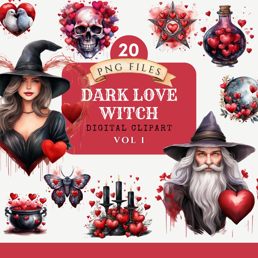 Watercolor Dark Love Witch Clipart, Valentine's Day Illustrations (PNG ...