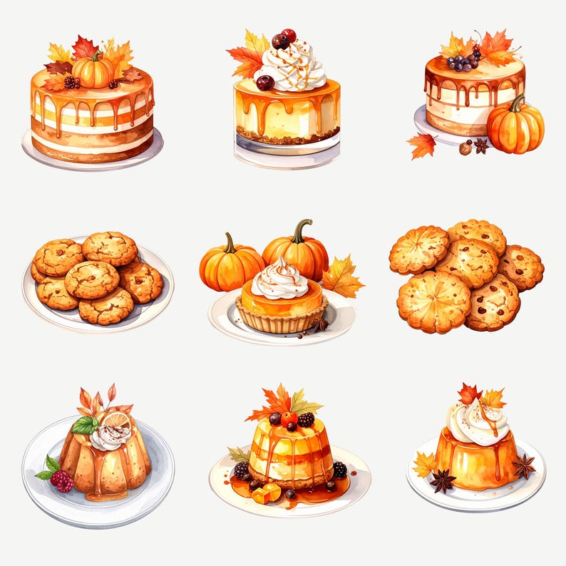 Watercolor Cozy Autumn Treats Clipart: 25 Fall Desserts & Pastries PNG ...