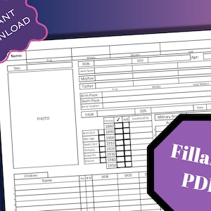 Family Tree Data Sheet Fillable PDF - Etsy