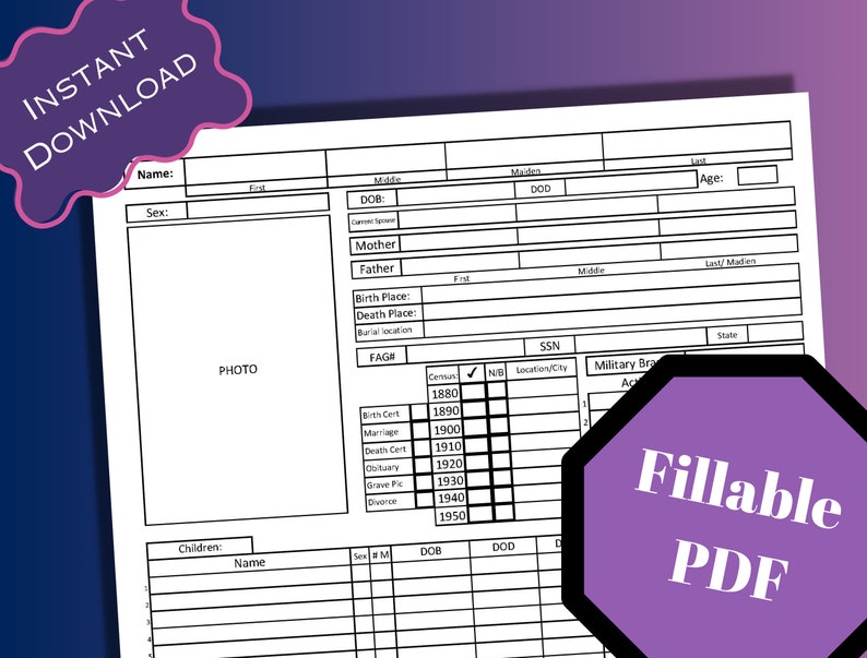 Family Tree Data Sheet Fillable PDF - Etsy Australia