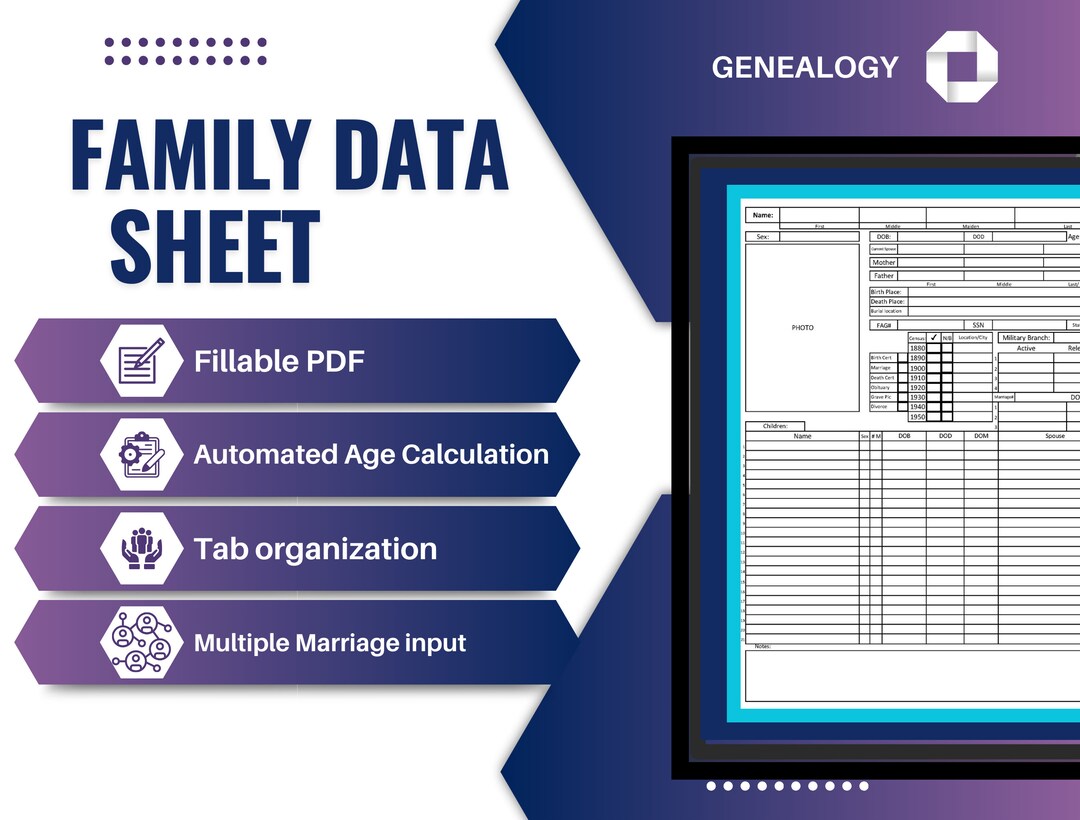 Family Tree Data Sheet Fillable PDF - Etsy