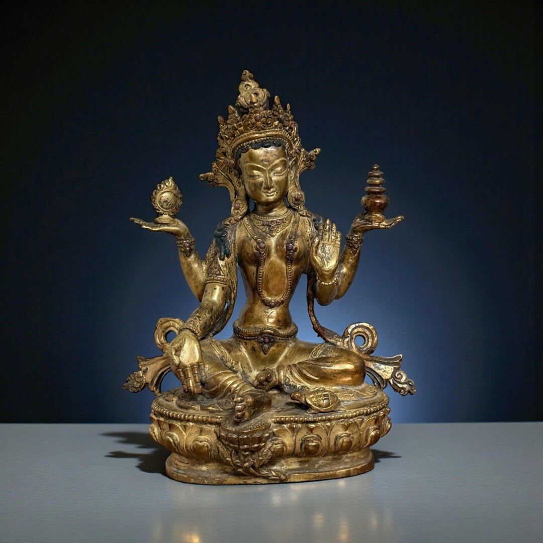 Rare Lakshmi Bronze Statue With Turtle Kurma, Fire Gilded, Nepal Hindu ...