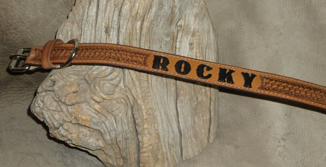 Custom Leather Dog Collar 1" Wide, Basket Weave Tooling. Your Dogs Name ...