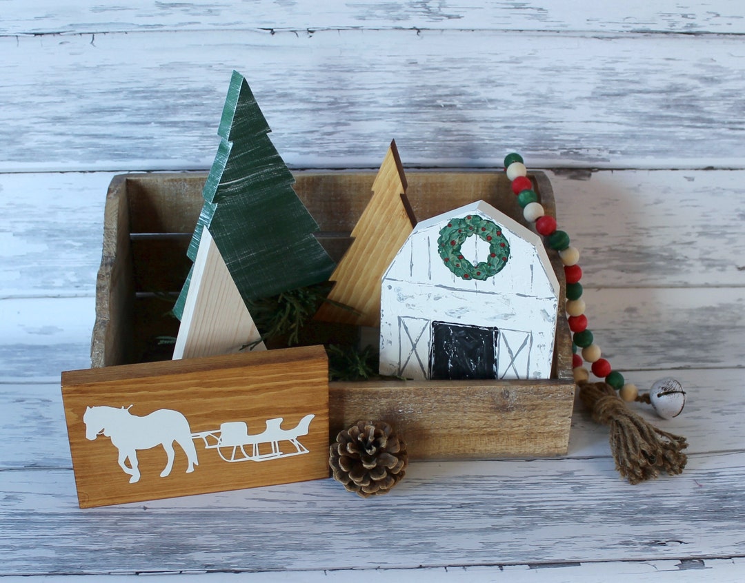 Winter Barn Trees Rustic Tiered Tray Decor Tree Farm Barn Wood Trees ...