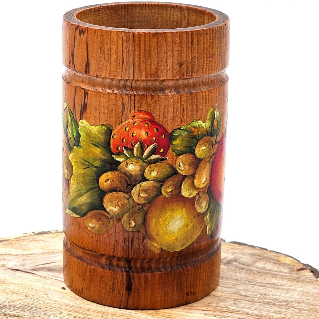 Vintage Wooden Utensil Holder Folk Art Hand Painted Fruit Farm Kitchen ...