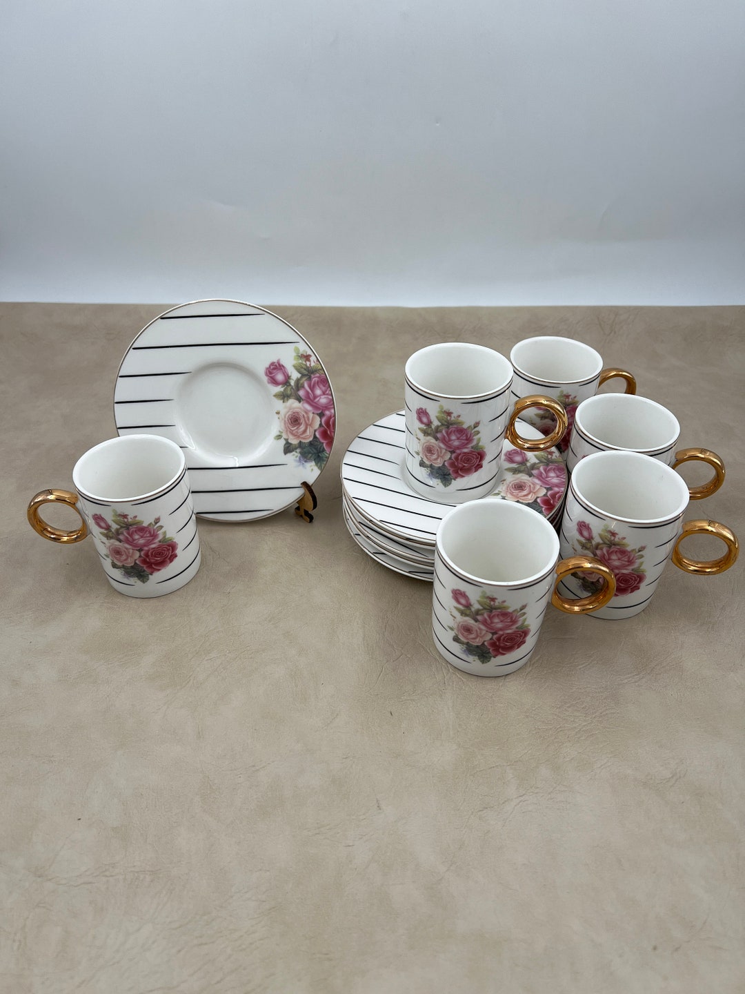 Porcelain Coffee Set, Turkish Coffee Cup Set, Floral Coffee Set for 6 ...