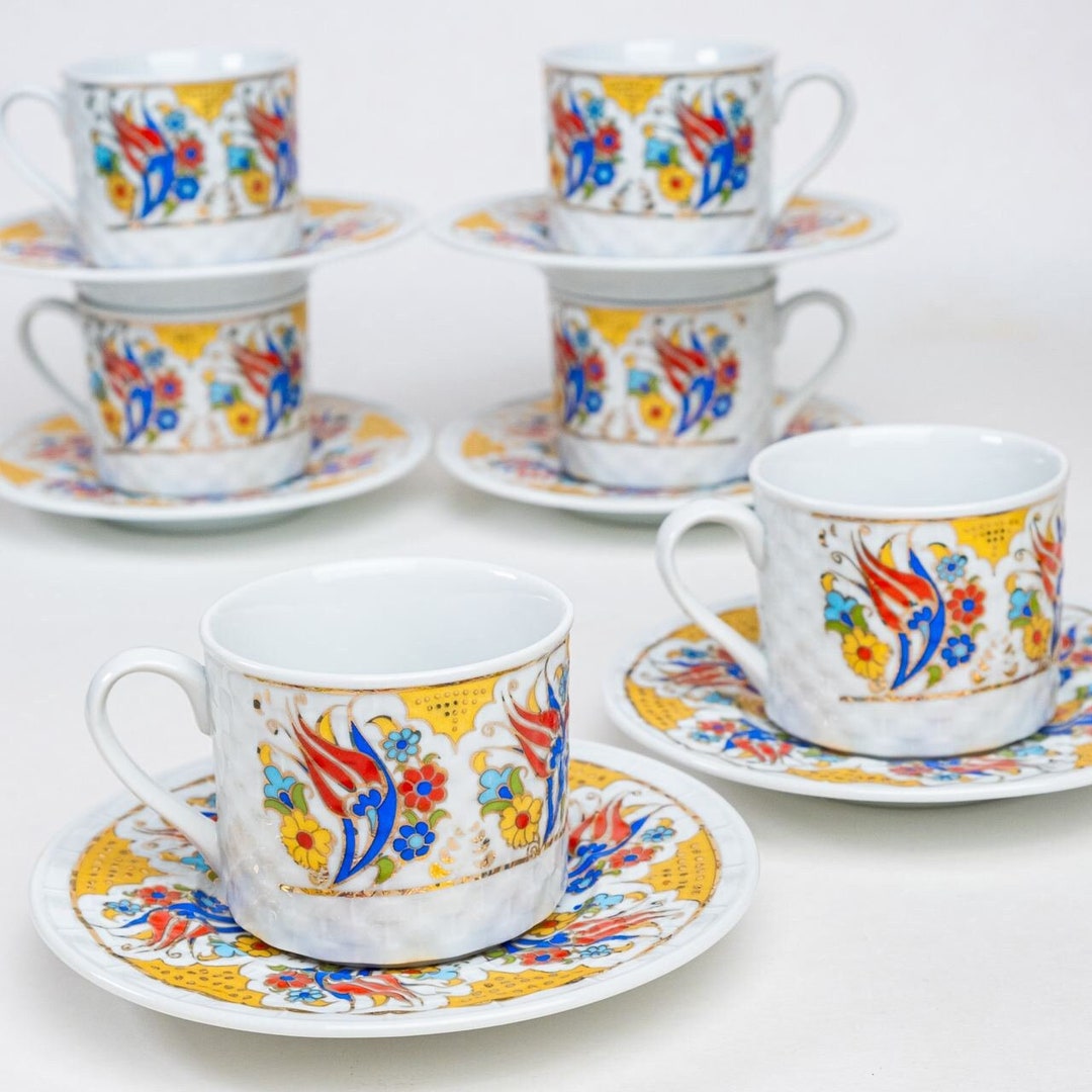 3 OZ Porcelain Cup Set With Saucers Iznik Turkish Coffee Cups Golden ...