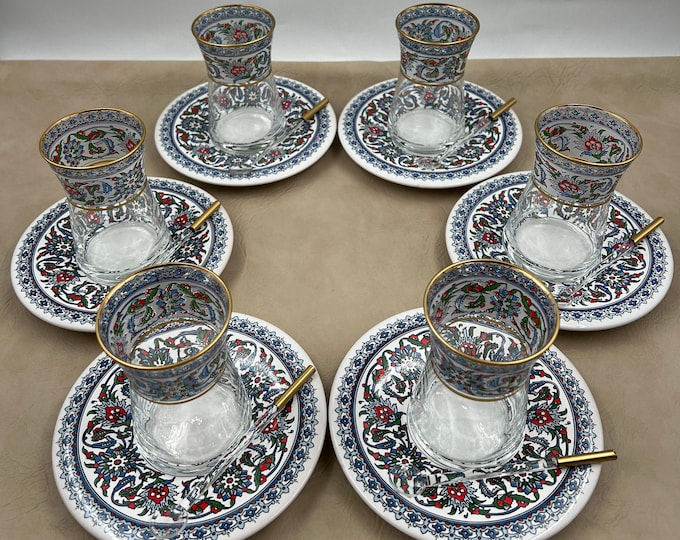 Traditional Turkish Tea Set, Glass Tea Set for 6, Handmade Turkish Tea ...