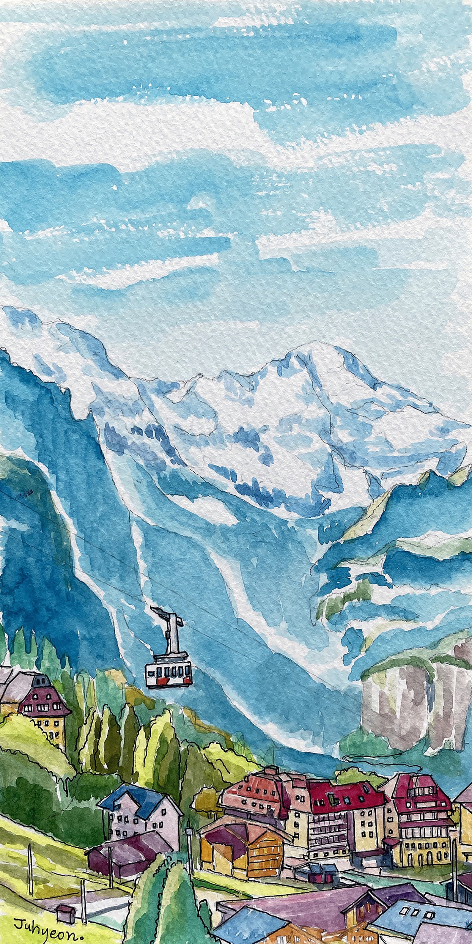 Alps Landscape Watercolor, Digital Download, Watercolor Illustration ...