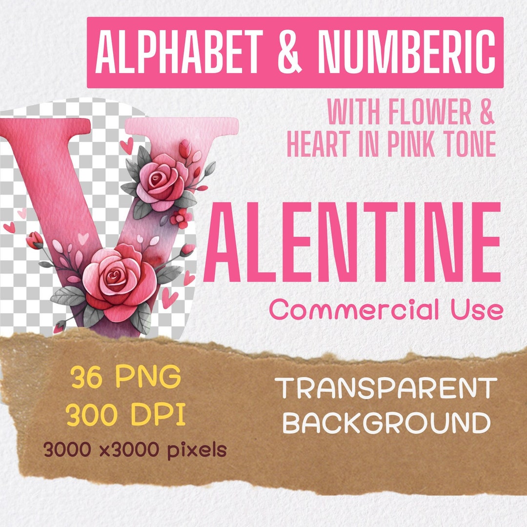 Watercolor Floral and Heart Alphabet Clipart, 36 PNG Pink Alphabet ...