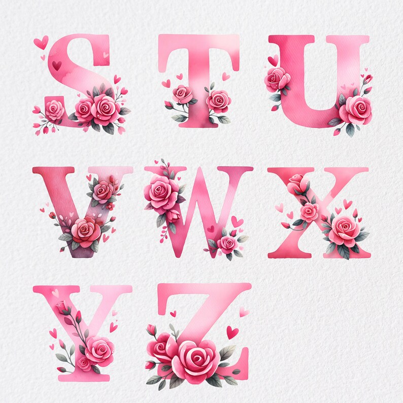 Watercolor Floral and Heart Alphabet Clipart, 36 PNG Pink Alphabet ...