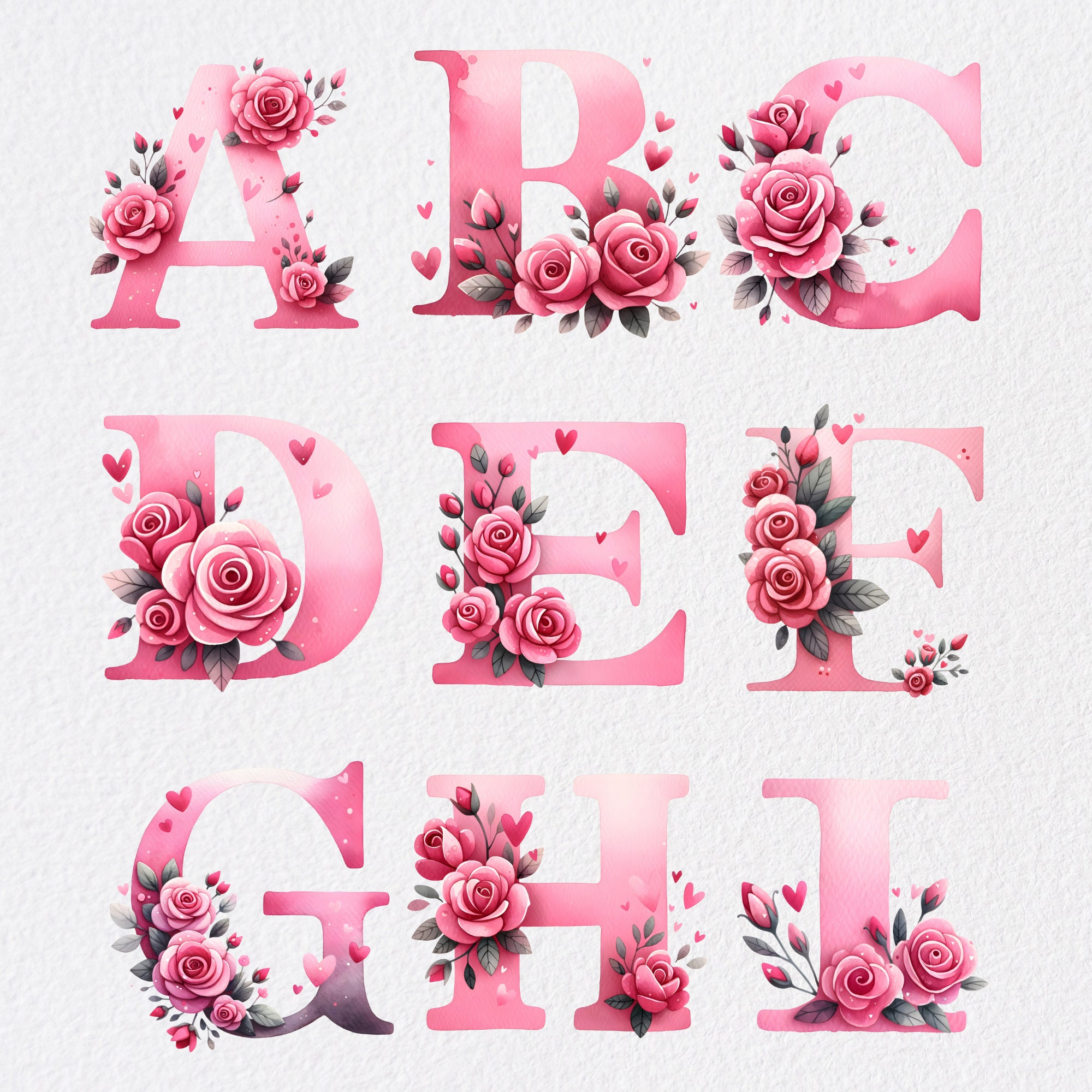Watercolor Floral and Heart Alphabet Clipart, 36 PNG Pink Alphabet ...