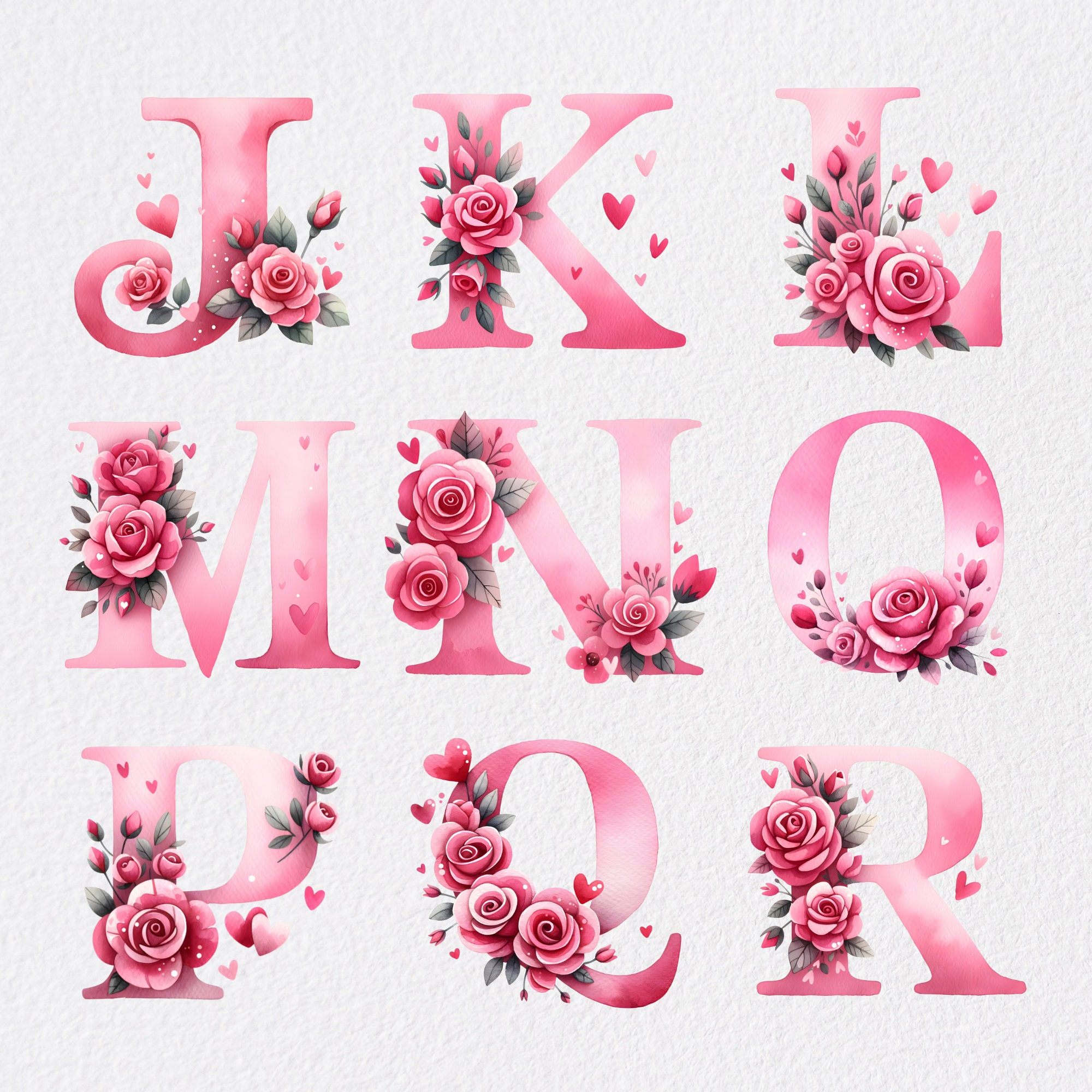 Watercolor Floral and Heart Alphabet Clipart, 36 PNG Pink Alphabet ...