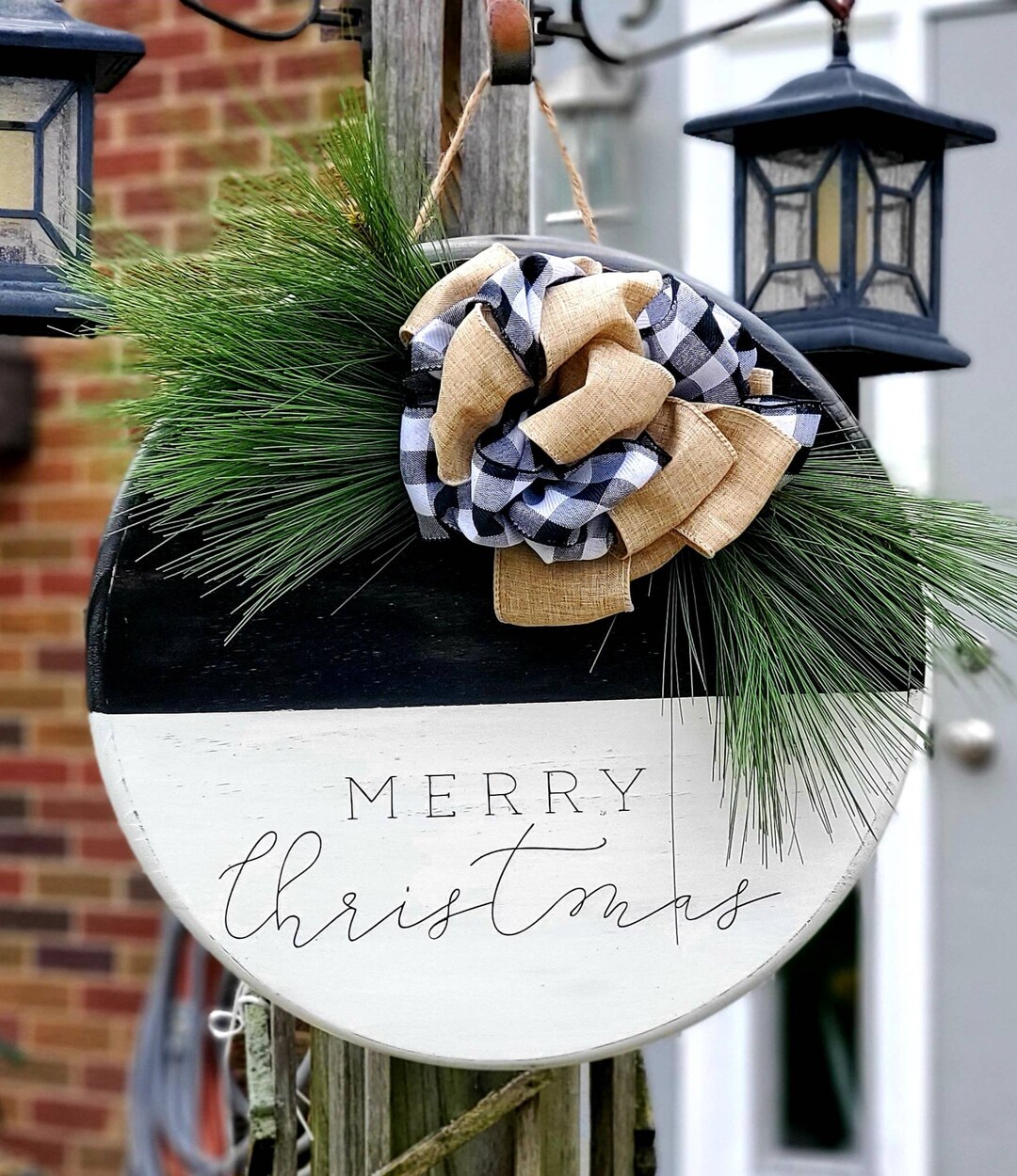 Christmas Wood Round Sign Front door decor Holiday Door hanger Door ...